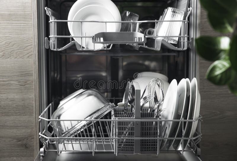 Open Dishwasher with Clean Utensil Inside, Cutlery, Glasses, Dishes at ...