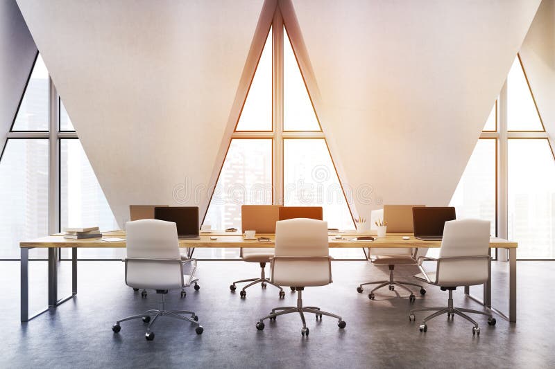 Front View of an Open Office with Triangular Windows, Toned Stock ...