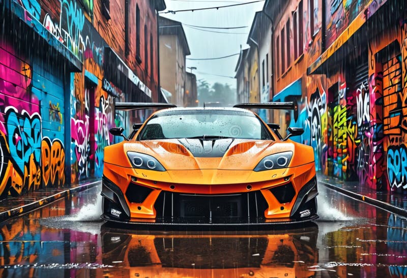 Front View Orange Custom Racing Car with Graffiti Wall Background Stock ...