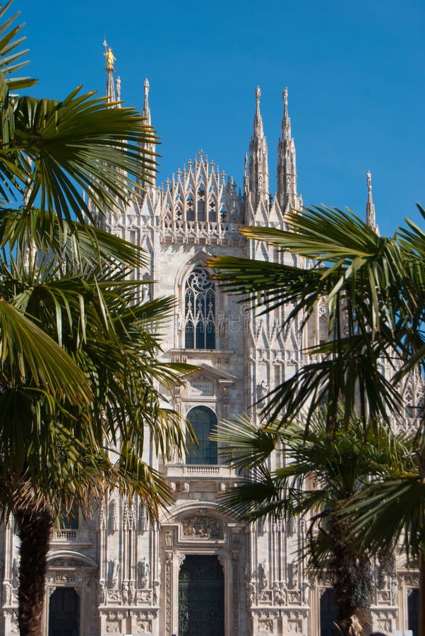 Front View with Palms of the Milan Cathedral - Duomo Stock Photo ...