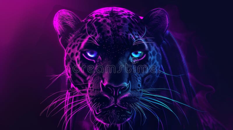 Front View of Panther in Neon Light on Dark Background Stock ...