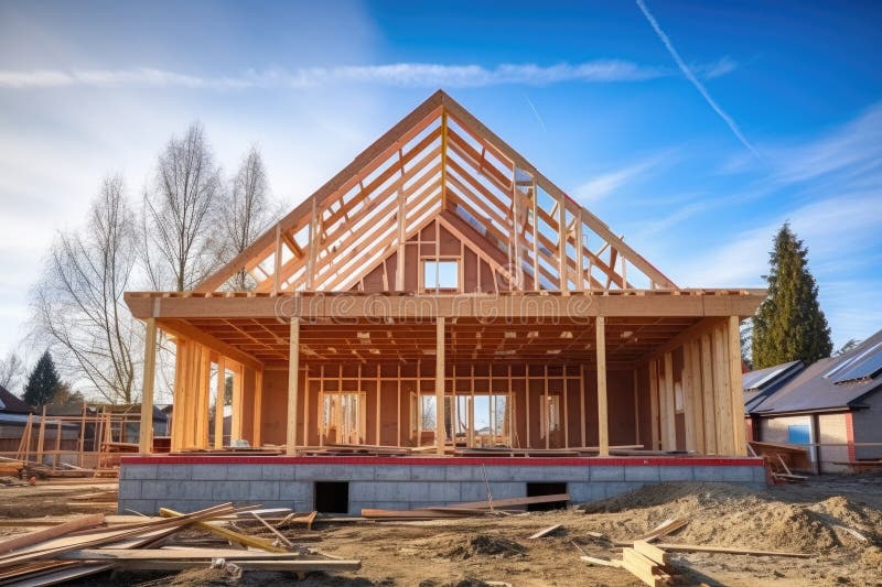 A Front View of a Partially Built House with Exposed Beams Stock ...