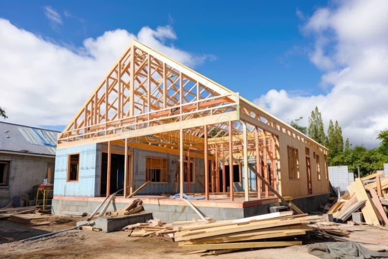A Front View of a Partially Built House with Exposed Beams Stock ...