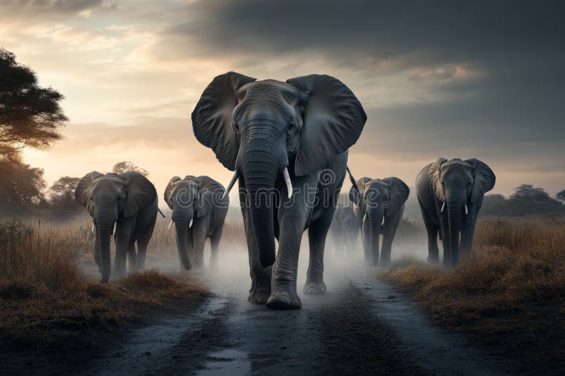 Front View Photo of Elephants Walking in African Savannah on Sunset ...