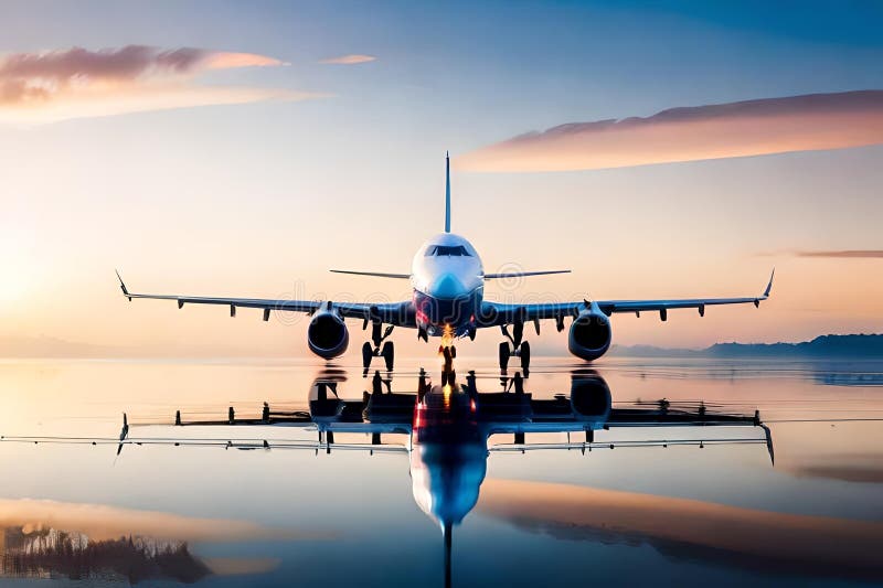 Front View Plane on the Runway Sunset Stock Photo - Image of airline ...