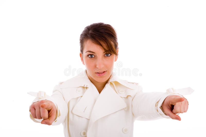Front View of Pointing Young Woman Stock Photo - Image of gesture ...