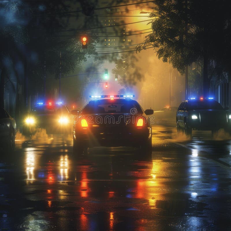 Front View of Police Car Chasing Someone at Night Stock Illustration ...