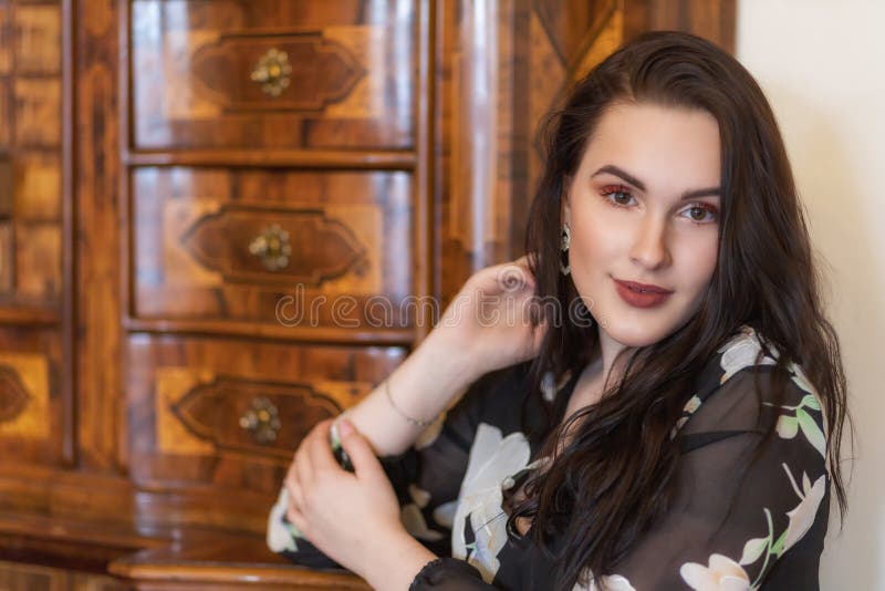 Portrait Of Beautiful Dark Haired Girl Indoors Stock Image Image Of