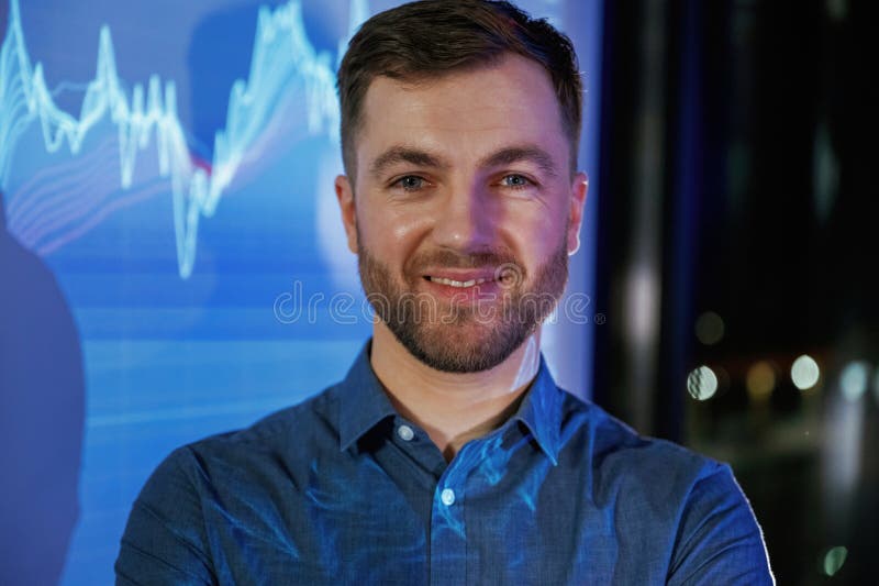 Front View, Portrait. Business Coach Against Projector with Data Stock ...