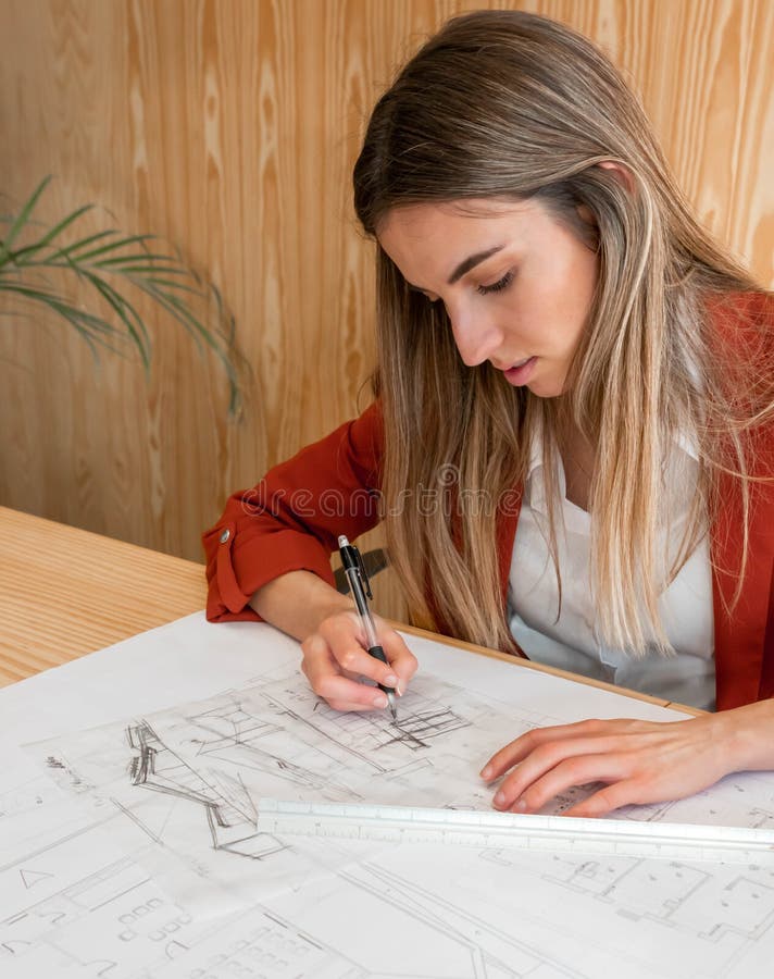 Front View Portrait of Woman Architect Drawing Sketches Stock Photo ...