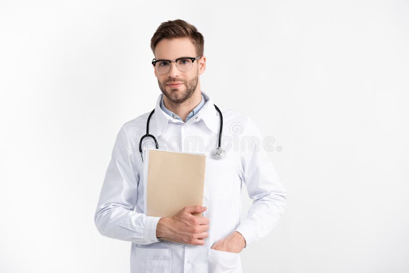 Front View of Positive Doctor with Stock Photo - Image of isolated ...