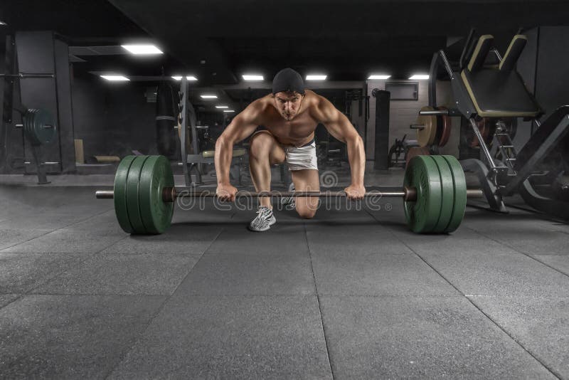 Front View of Power Athletic Guy Standing with Barbell Workout in the ...