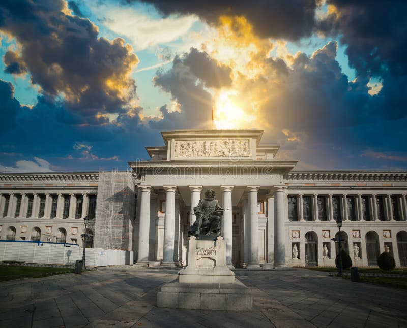 Front View of Prado Museum Entrance Under a Cloudy Sky at Sunset ...
