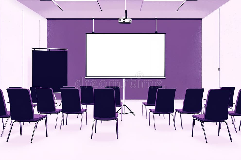 Front View of an Empty Presentation Room with Purple Chairs and a Blank ...