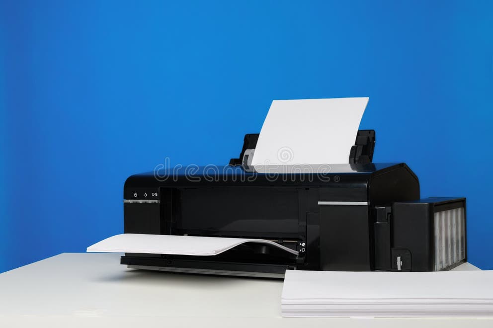 Front View of a Printer and a Blank Sheet of A4 Paper on a Blue ...