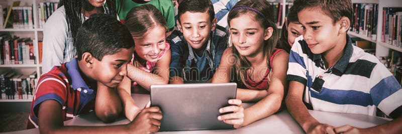 Front View of Pupils Using Tablet Pc Stock Image - Image of group ...