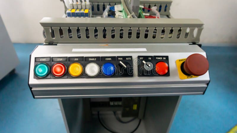 Front View of the Push Button on the Industrial Control Panel. Stock ...