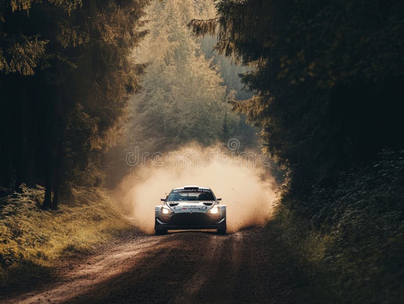 Front View of a Rally Car Racing on a Dusty Forest Road with Particles ...