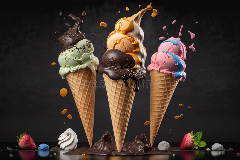 Front View of Real Edible Ice Cream Cone with 3 Different Scoops of Ice ...