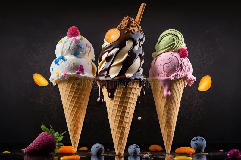 Front View of Real Edible Ice Cream Cone with 3 Different Scoops of Ice ...