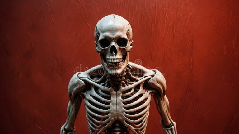 Front View of a Realistic Human Skeleton Model on a Textured Red ...