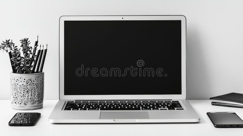 Front View of a Realistic Set of White Paper or Laptop with a Pen Stock ...