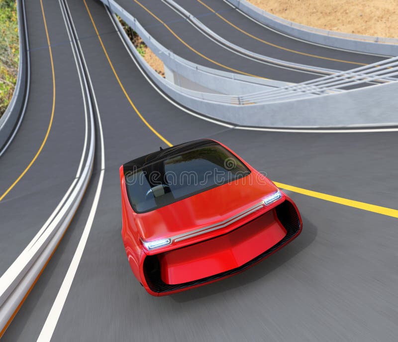 Front View of Red Electric Car Driving on the Loop Bridge Stock ...