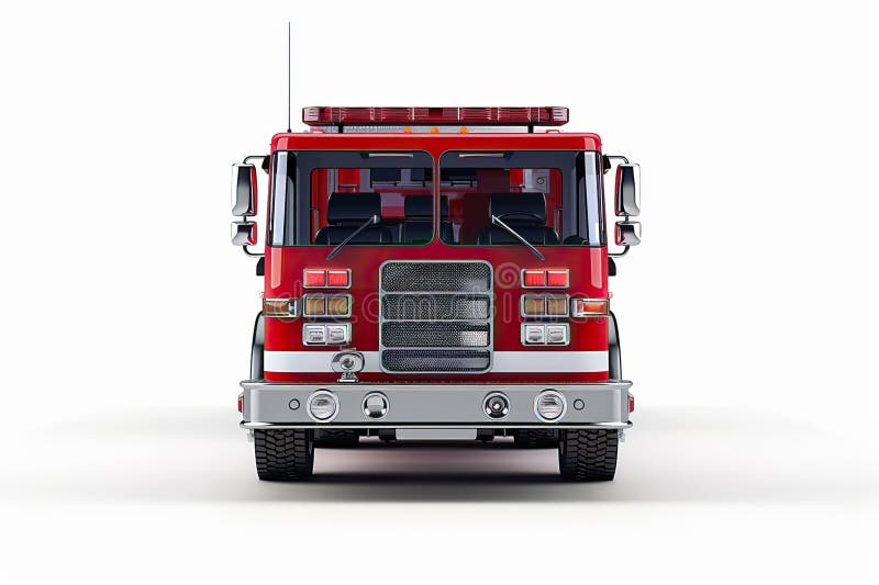 Front View of Red Fire Truck with Flashing Lights, Isolated on White ...