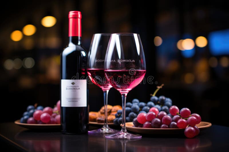 Front View Red Wine Inside Bottle and Glass of Wine in Black Pink Grape ...