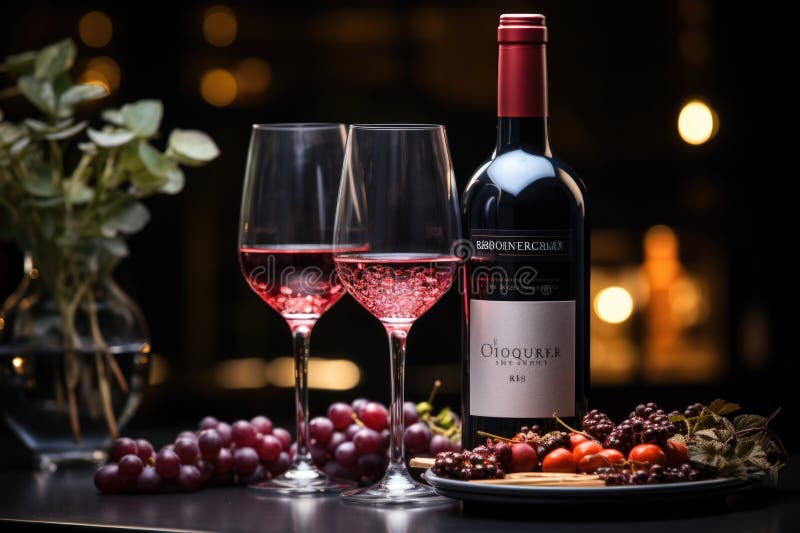 Front View Red Wine Inside Bottle and Glass of Wine in Black Pink Grape ...