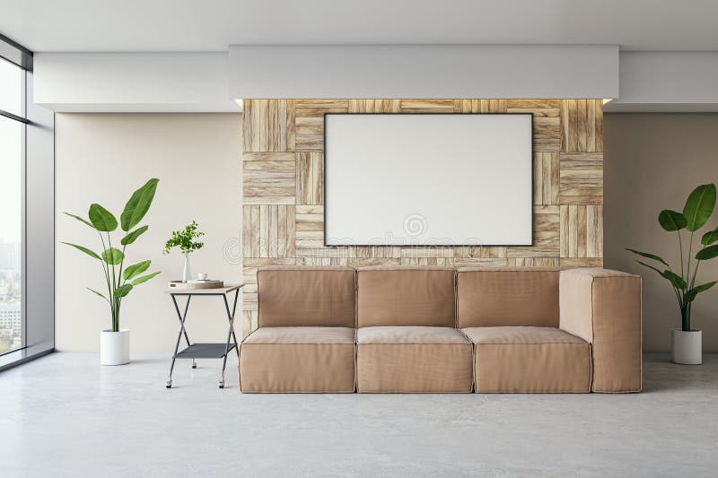 Front View of Relaxing Area with Sofa and Blank Poster in Luxury Modern ...