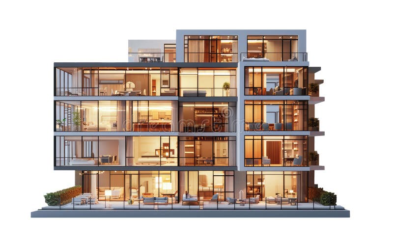 Front View of a Residential Building with Illuminated Apartments Stock ...