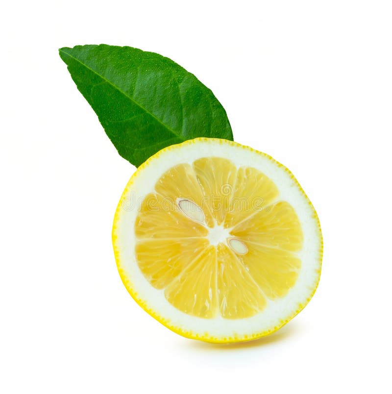 Front View of Yellow Lemon Fruit with Half and Green Leaves Isolated on ...