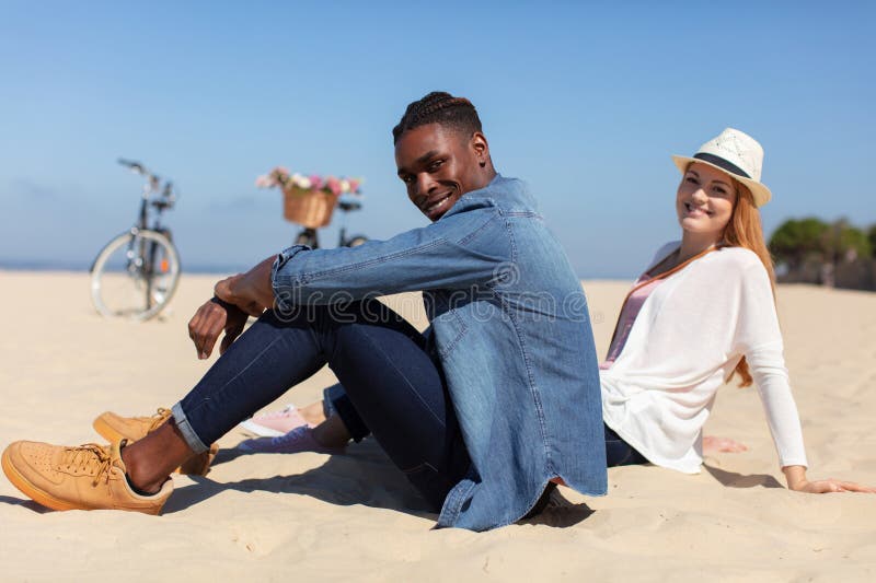 Front View Romantic Mixed Couple on Beach Stock Photo - Image of wave ...