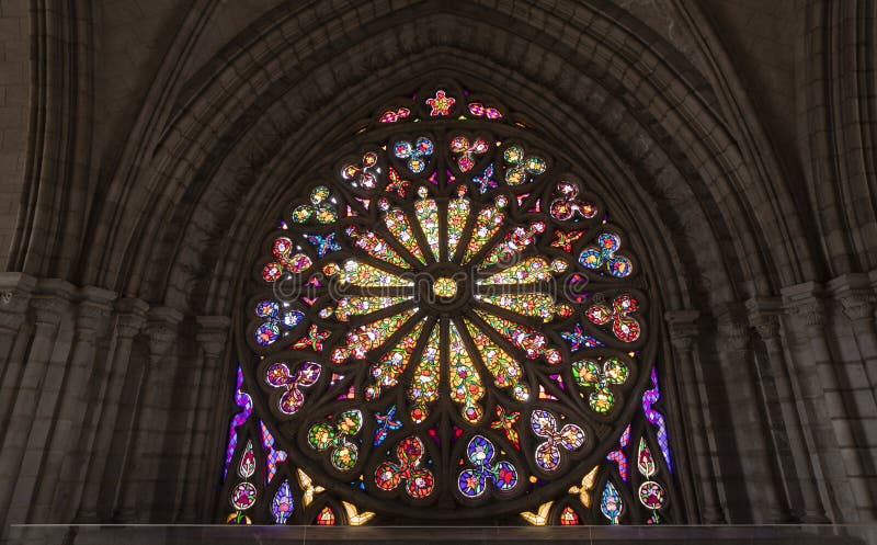 Front View of Rosette Shaped Multicolored Stained Glass Window in Front ...