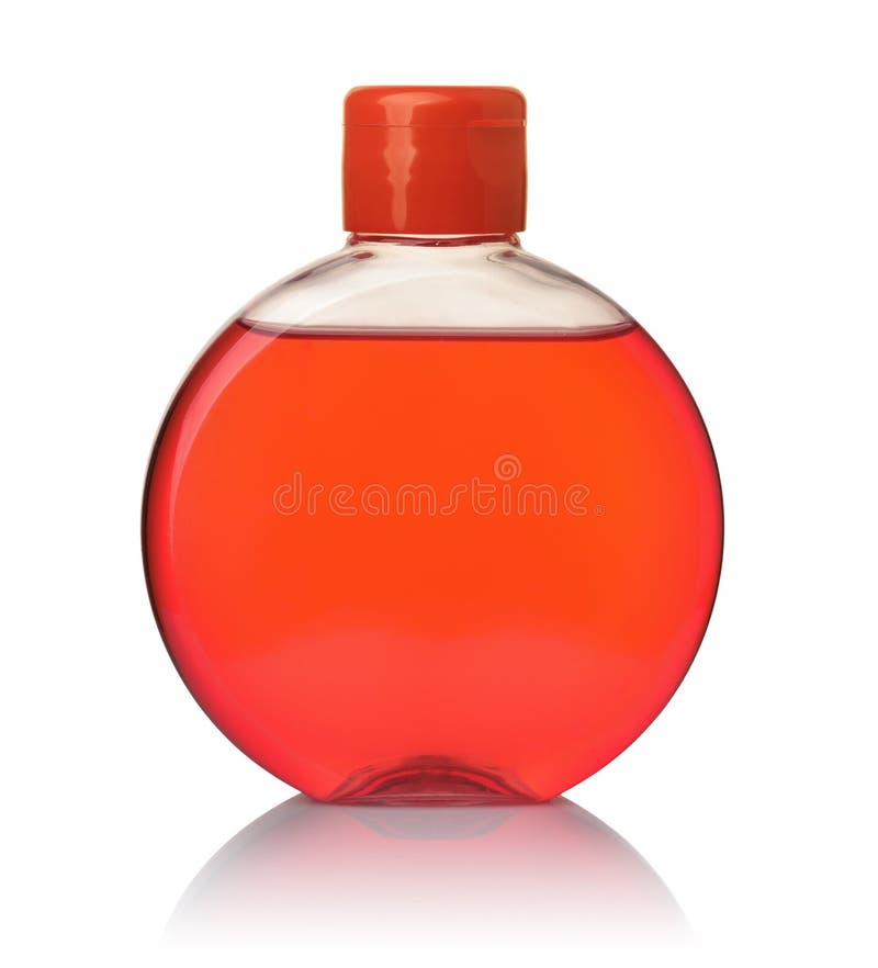 Front View of Round Transparent Bottle Full of Red Liquid Soap Stock ...