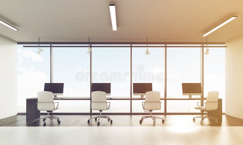 Front View of Row of Computers on Long Table, Toned Stock Illustration ...