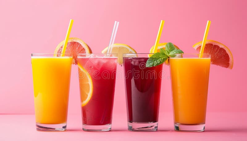 Front View with a Row of 4 Fresh Cocktails or Tropical Juice Drinks on ...