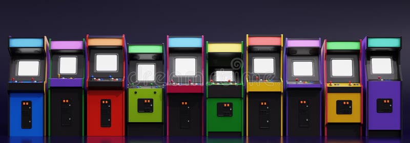 Front View of a Row of Retro Arcade Machines or Cabinets Stock ...