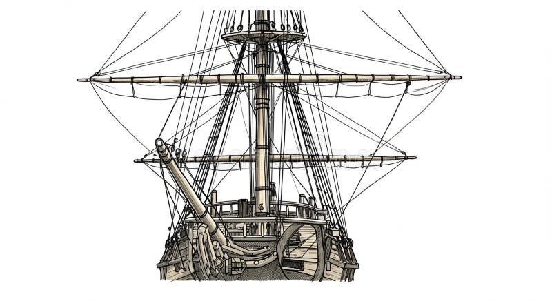 Front View of a Sailing Ship with Detailed Rigging and Sails. the Ship ...
