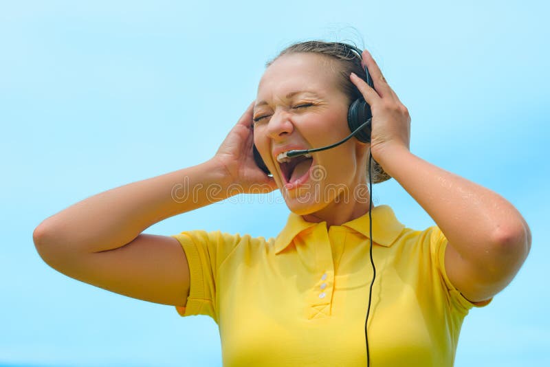 Front View of Screaming Call Centre Operator Trying To Explain Stock ...