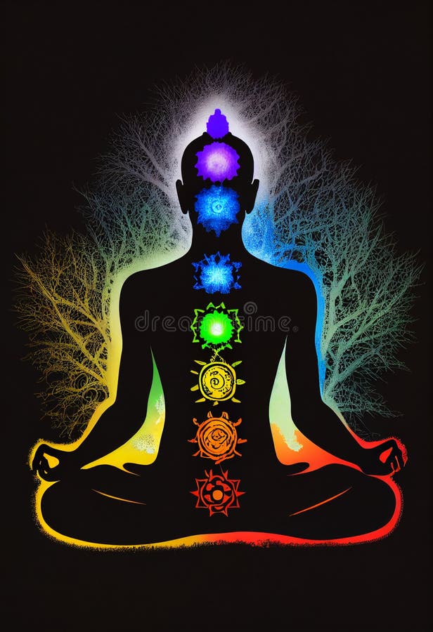 Front View Silhouette of a Man Meditating and All Chakras are Displayed ...