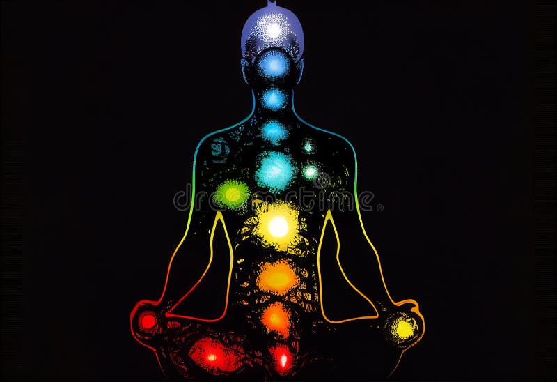 Front View Silhouette of a Man Meditating and All Chakras are Displayed ...