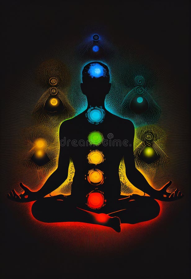 Front View Silhouette of a Man Meditating and All Chakras are Displayed ...