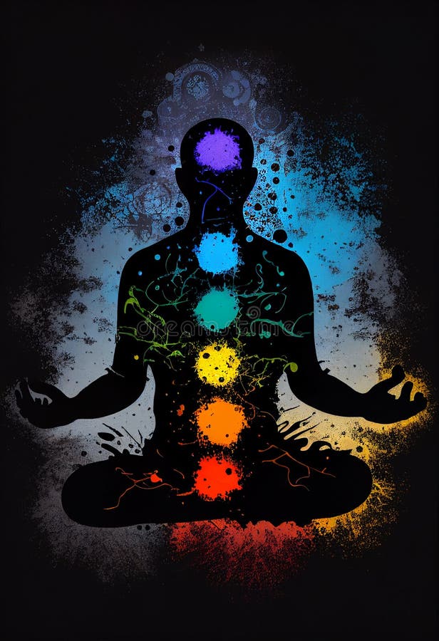 Front View Silhouette of a Man Meditating and All Chakras are Displayed ...