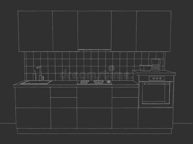 Front View of Simple Kitchen Furniture on Chalkboard. Stock ...