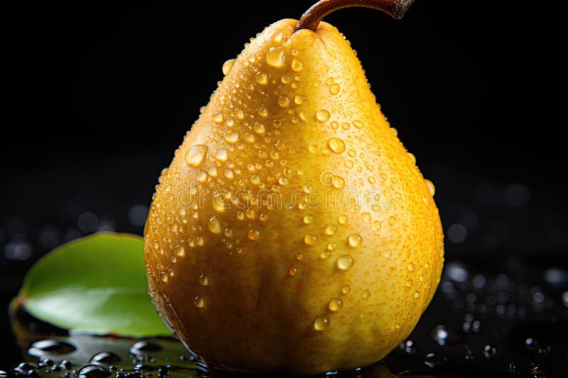 Front View of a Single Mature Yellow with Red Pears on a Black ...