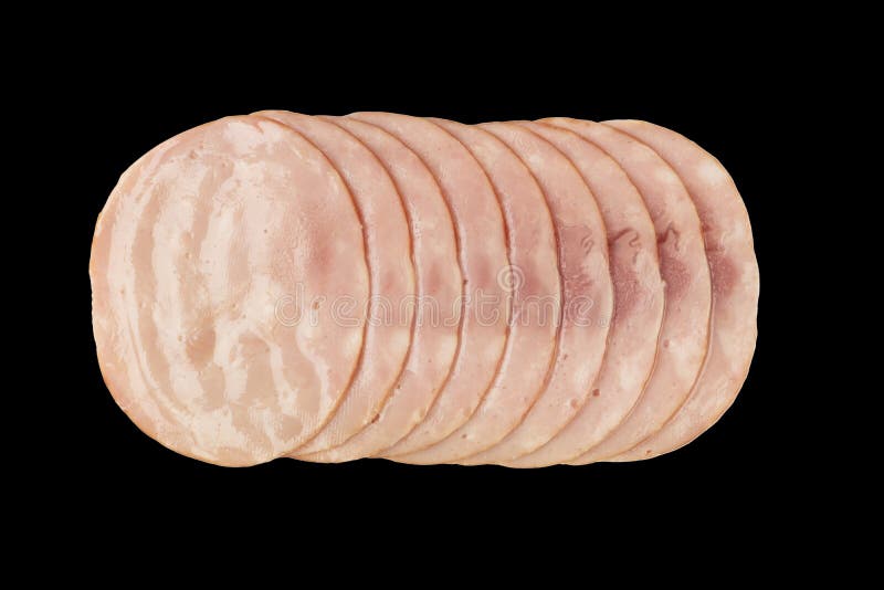 Front View of Sliced Smoked Ham Meat Isolated on Black Background. Raw ...