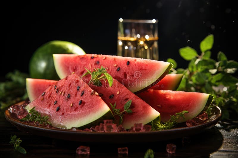 A Front View of Slices of Soft, Sweet Watermelon Inside a Long Glass on ...