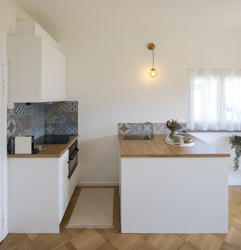 Front View of a Small Artistic Kitchen with a Wooden Countertop and a ...